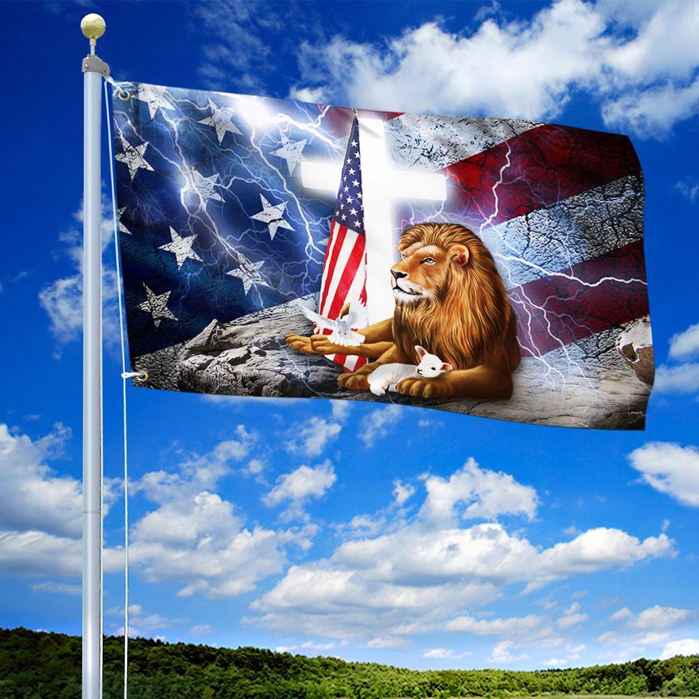 Jesus Christian Cross. Lion And Lamb Cross American Grommet Flag ...