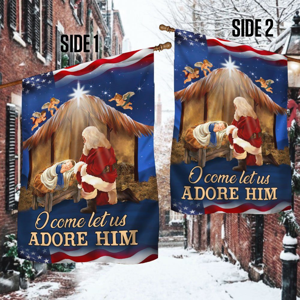 Kneeling Santa Flag O Come Let Us Adore Him DDH3010F - Flagwix